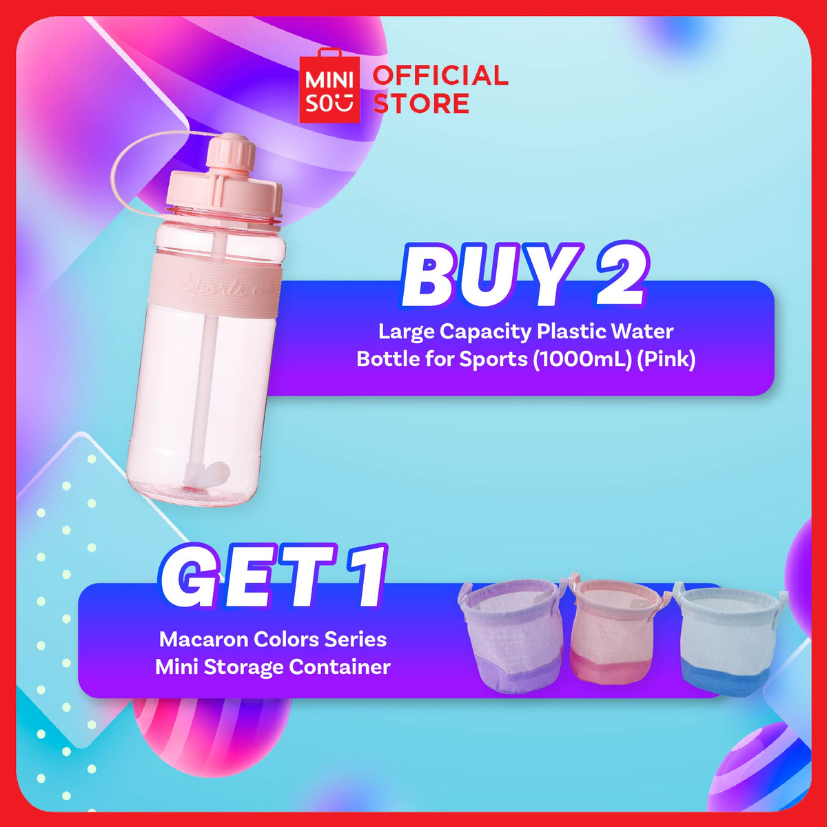 BUY 2 Large Capacity Plastic Water Bottle for Sports (1000mL)(Pink) GE ...